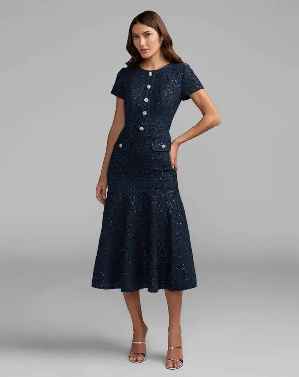 Mac Duggal High Neck Short Sleeve Boucle Midi Dress - Navy