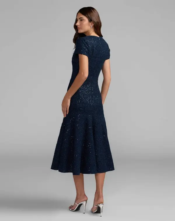 Mac Duggal High Neck Short Sleeve Boucle Midi Dress