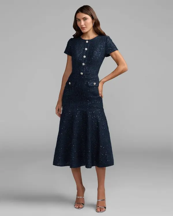 Mac Duggal High Neck Short Sleeve Boucle Midi Dress - Navy