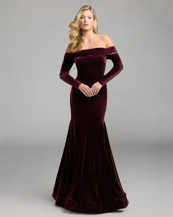 Mac Duggal Off-the-shoulder Velvet Mermaid Gown - Wine