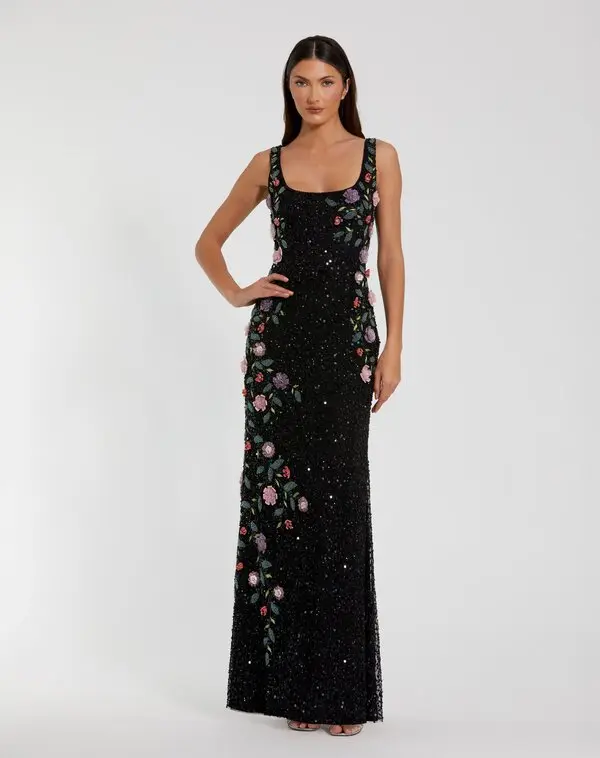 Mac Duggal Floral Beaded Scoop Neck Sleeveless Gown