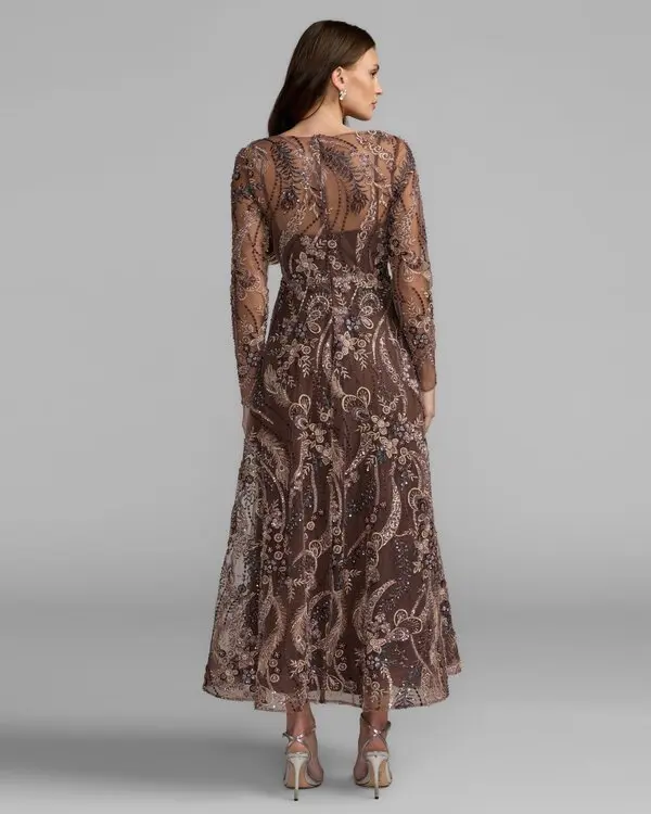 Mac Duggal Embroidered Long Sleeve V-neck Midi Dress