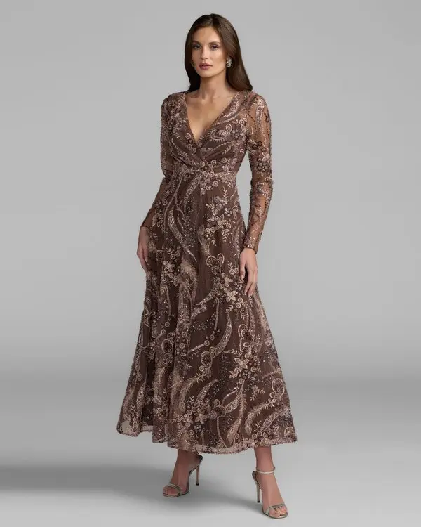 Mac Duggal Embroidered Long Sleeve V-neck Midi Dress - Brown