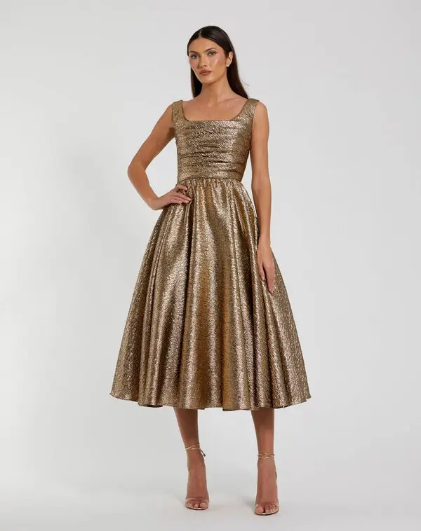 Mac Duggal Dark Square Neck Sleeveless Metallic Midi Dress