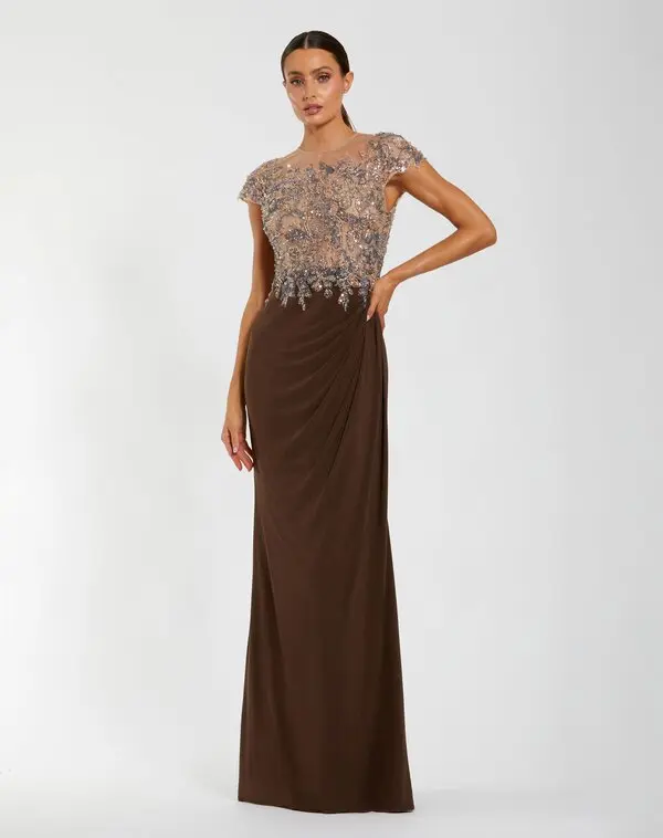 Mac Duggal Petite Brown High Neck Embellished Jersey Gown - Chocolate