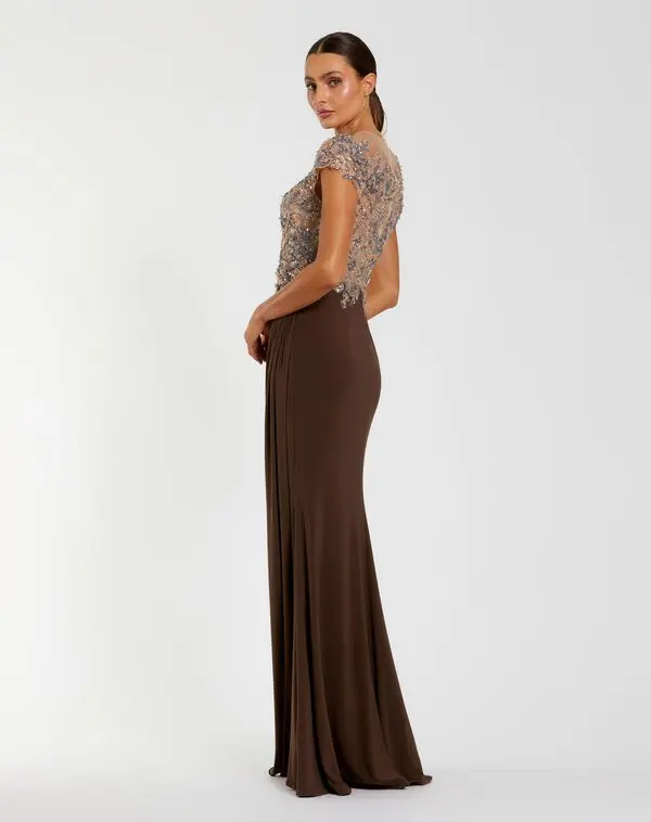 Mac Duggal Petite Brown High Neck Embellished Jersey Gown