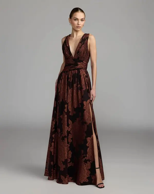 Mac Duggal Floral Sleeveless Plunge Neck Gown - Brown
