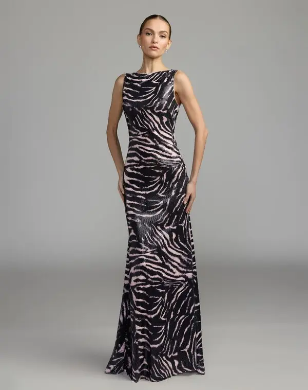 Mac Duggal Black And Pink Tiger Print Cowl Back Sequin Gown - Tiger Multi
