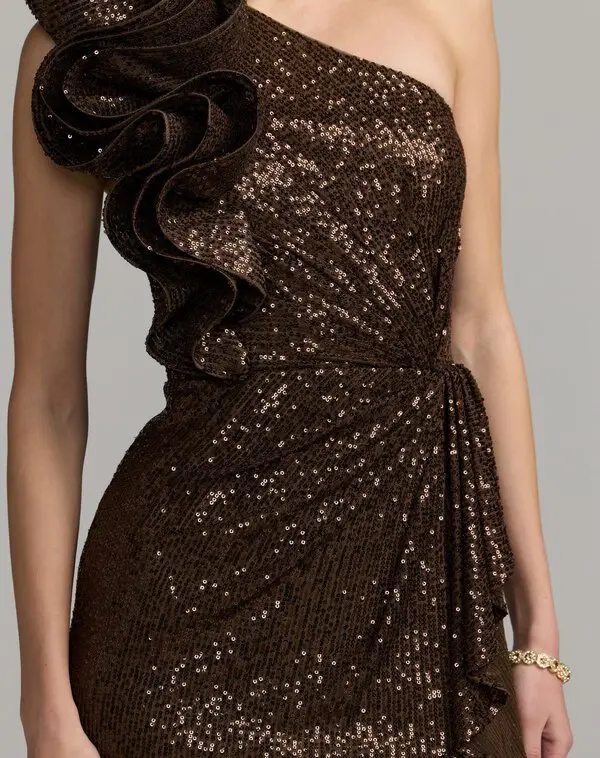 Mac Duggal One Shoulder Sequin Gown With Ruffle Detail