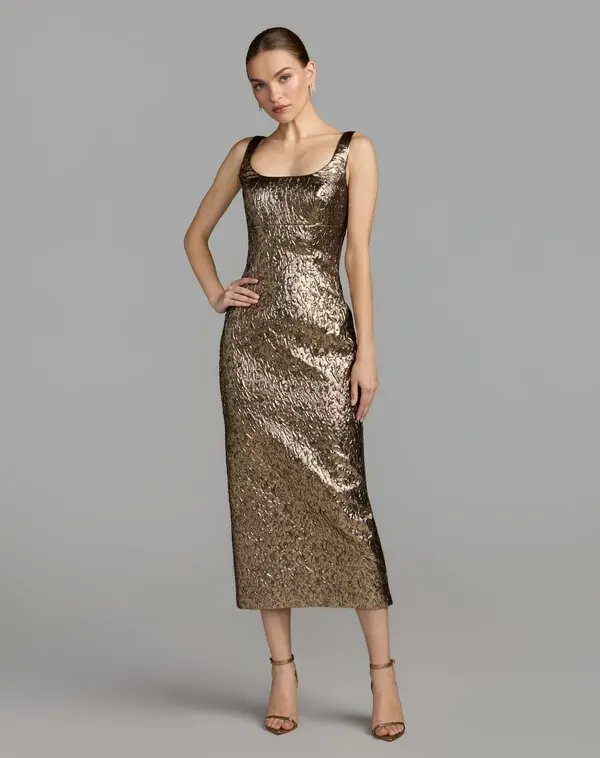 Mac Duggal Metallic Scoop Neck Brocade Midi Dress