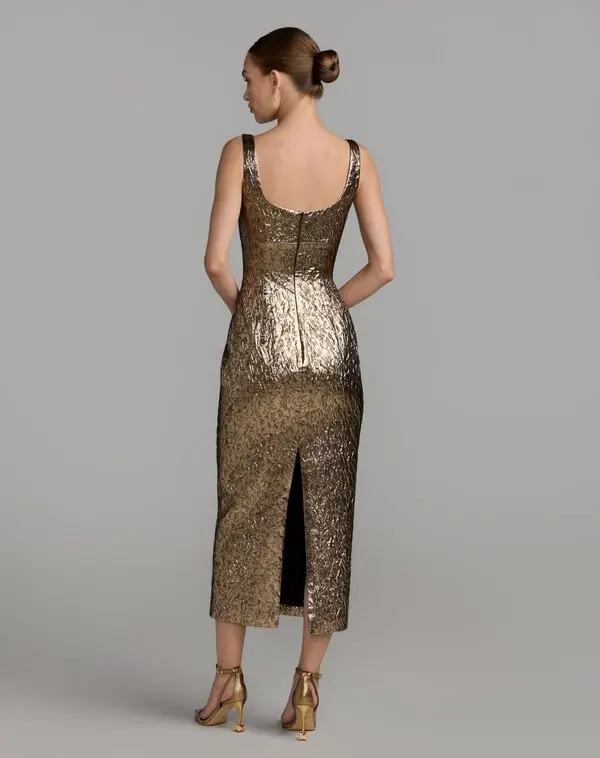 Mac Duggal Metallic Scoop Neck Brocade Midi Dress