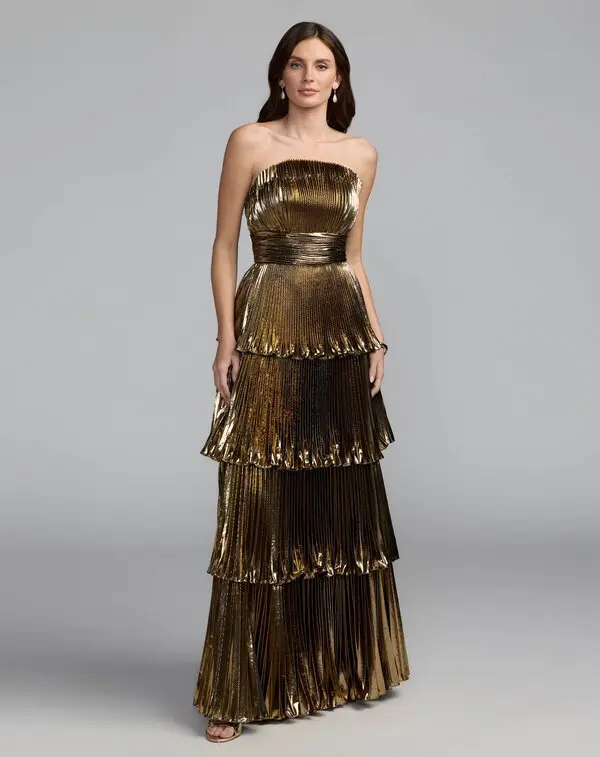 Mac Duggal Deep Strapless Pleated Metallic Layered Ruffle Gown - Gold