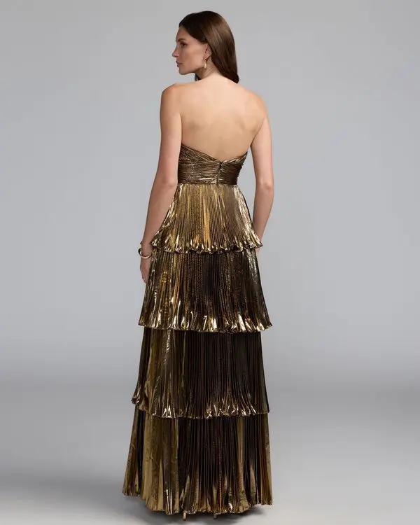 Mac Duggal Deep Strapless Pleated Metallic Layered Ruffle Gown