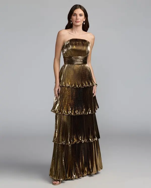Mac Duggal Deep Strapless Pleated Metallic Layered Ruffle Gown - Gold