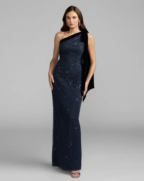 Mac Duggal Navy Beaded One Shoulder Gown With Velvet Bow - Midnight