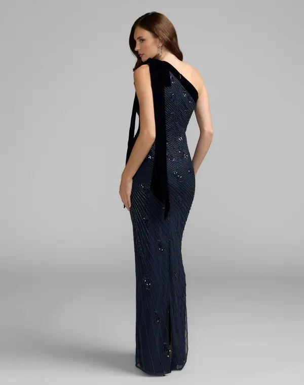 Mac Duggal Navy Beaded One Shoulder Gown With Velvet Bow