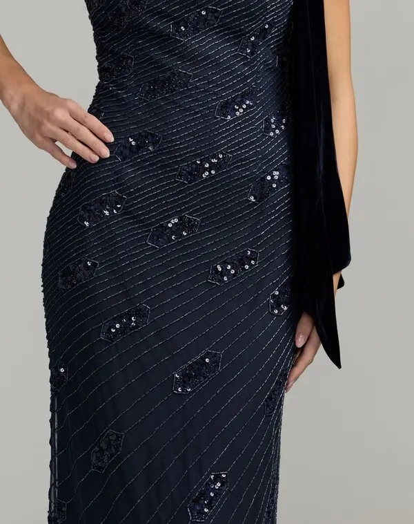 Mac Duggal Navy Beaded One Shoulder Gown With Velvet Bow