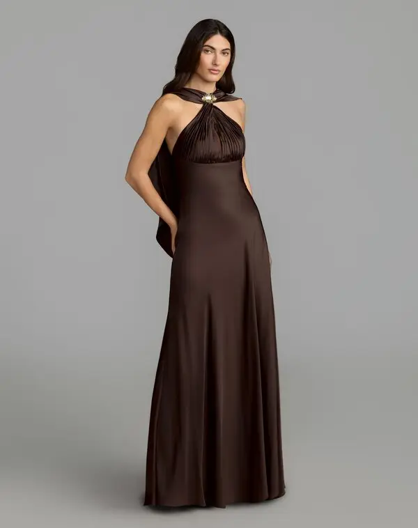 Mac Duggal Charmeuse Cowl Back Halter Gown