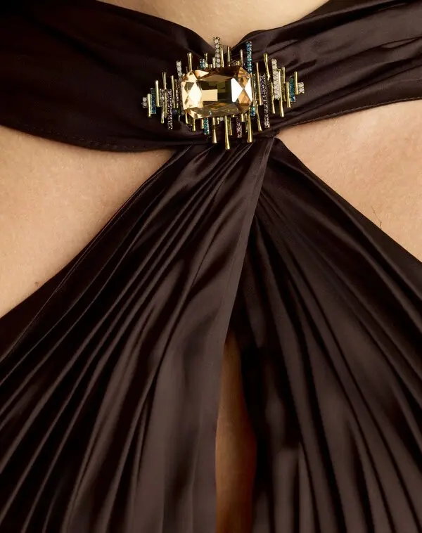 Mac Duggal Charmeuse Cowl Back Halter Gown