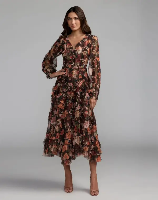 Mac Duggal Brown Floral Long Sleeve Mirco Ruffle Midi Dress