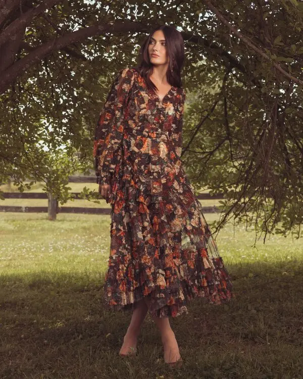 Mac Duggal Brown Floral Long Sleeve Mirco Ruffle Midi Dress