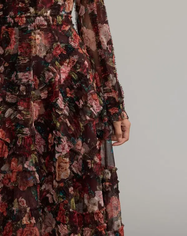 Mac Duggal Brown Floral Long Sleeve Mirco Ruffle Midi Dress