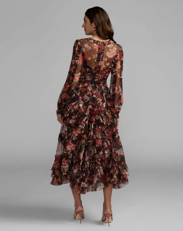 Mac Duggal Brown Floral Long Sleeve Mirco Ruffle Midi Dress