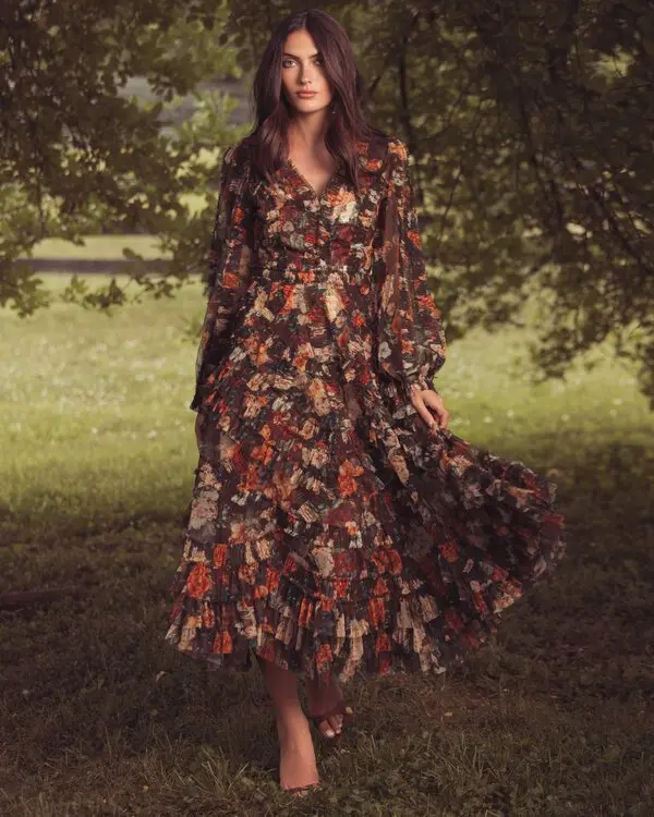 Mac Duggal Brown Floral Long Sleeve Mirco Ruffle Midi Dress
