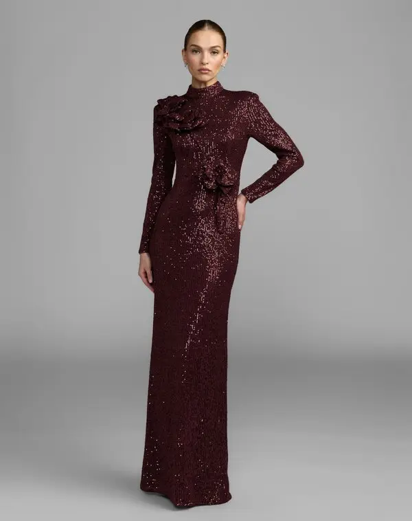 Mac Duggal Burgundy Long Sleeve Sequin Gown With Flowers - Mahogany