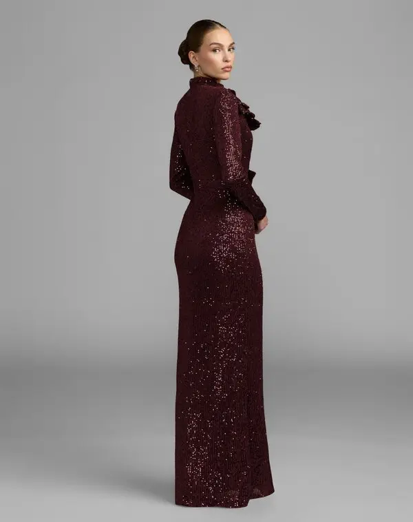 Mac Duggal Burgundy Long Sleeve Sequin Gown With Flowers