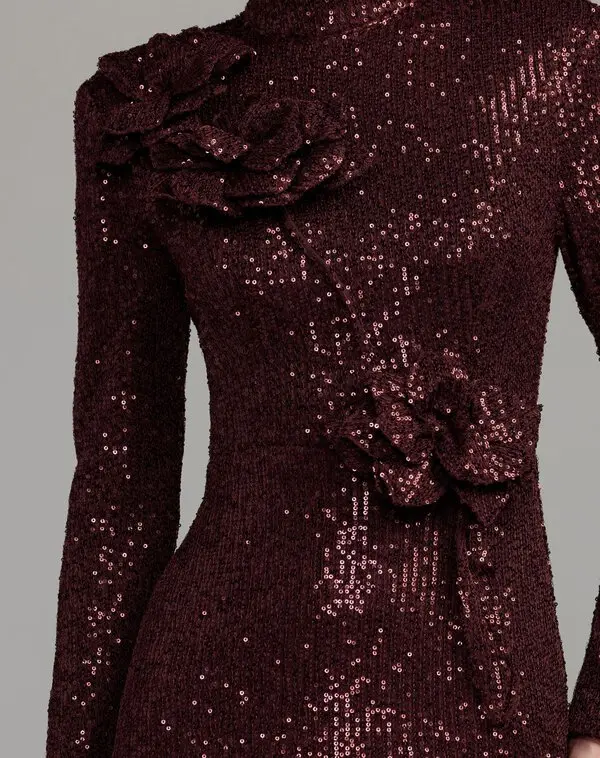 Mac Duggal Burgundy Long Sleeve Sequin Gown With Flowers