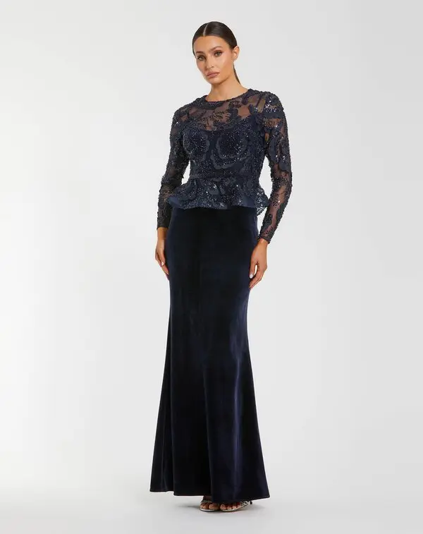 Mac Duggal Navy Embellished Peplum Gown With Velvet Skirt - Midnight