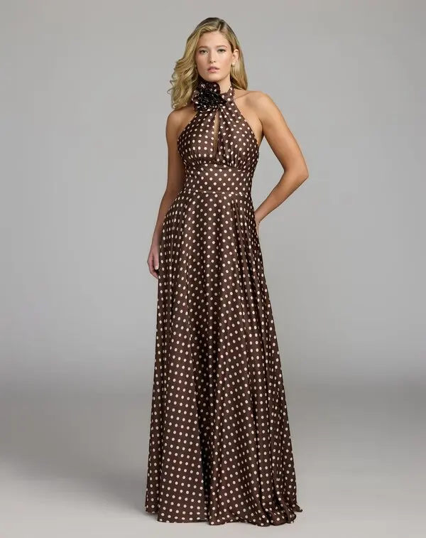 Mac Duggal Brown Polka Dot A-line Halter Gown With Rosette - Chocolate Multi