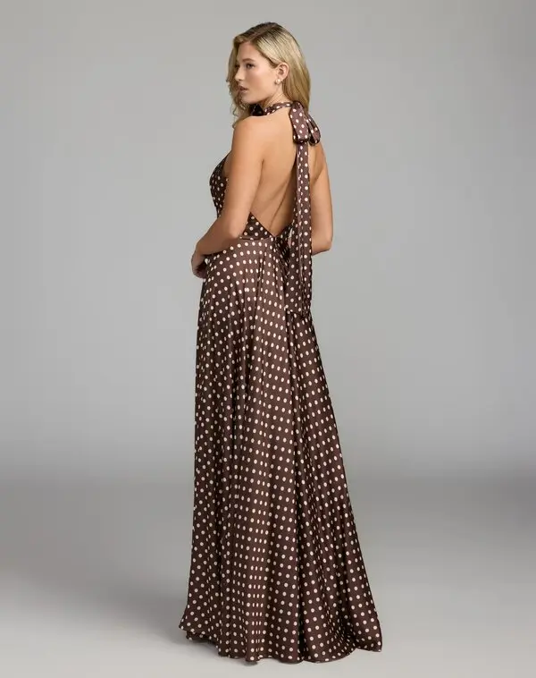 Mac Duggal Brown Polka Dot A-line Halter Gown With Rosette