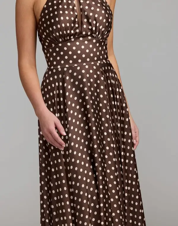 Mac Duggal Brown Polka Dot A-line Halter Gown With Rosette