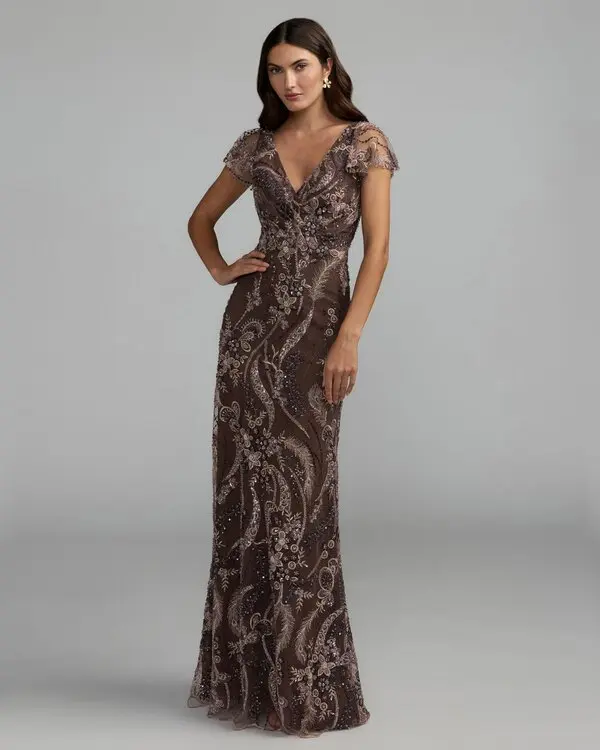 Mac Duggal V-neck Flutter Sleeve Embroidered Lace Gown - Brown
