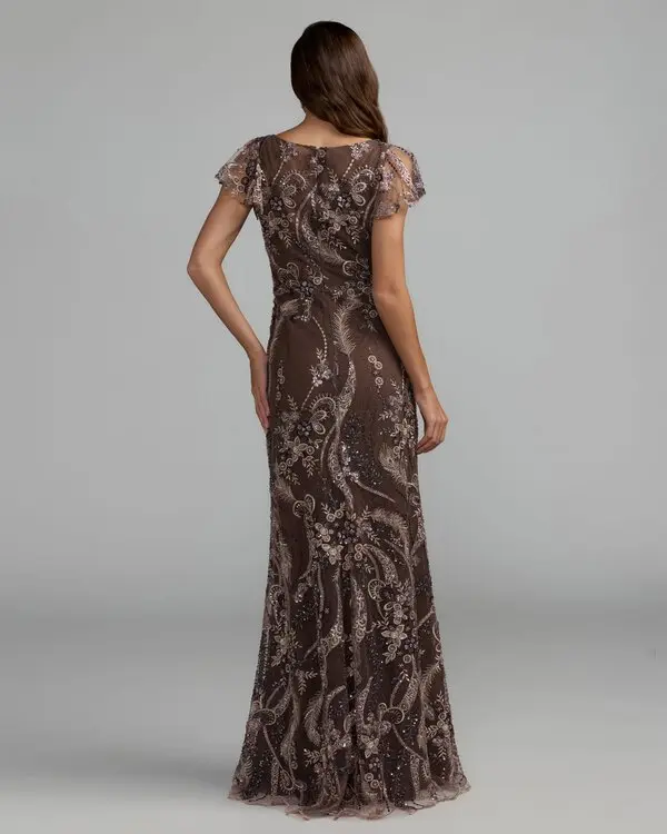Mac Duggal V-neck Flutter Sleeve Embroidered Lace Gown - Brown