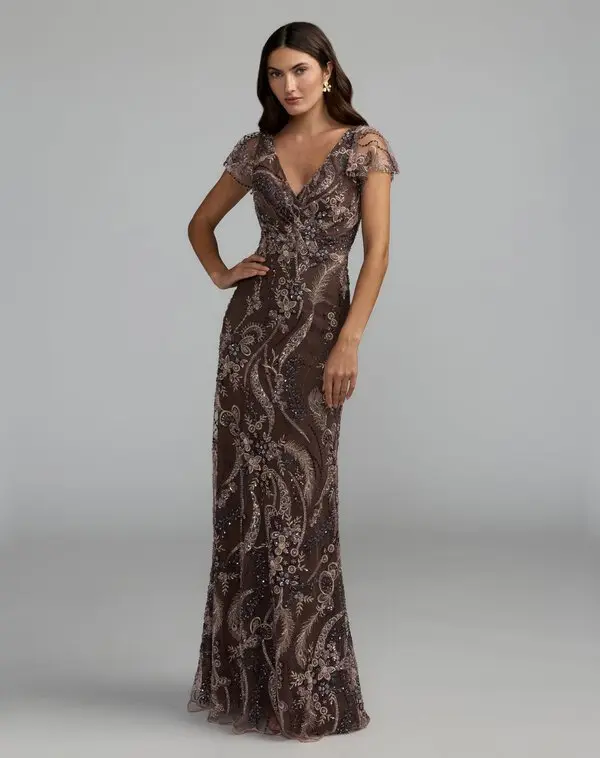 Mac Duggal Brown V Neck Flutter Sleeve Embroidered Lace Gown - Chocolate