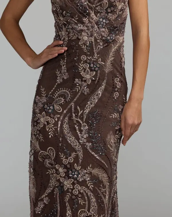 Mac Duggal Brown V Neck Flutter Sleeve Embroidered Lace Gown