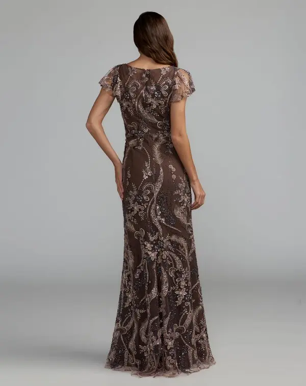 Mac Duggal Brown V Neck Flutter Sleeve Embroidered Lace Gown