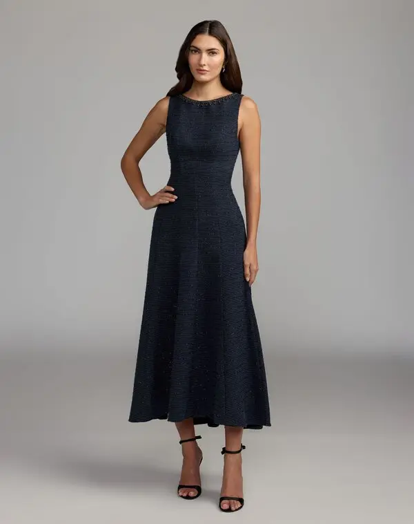 Mac Duggal Navy Sleeveless A-line Boucle Midi Dress