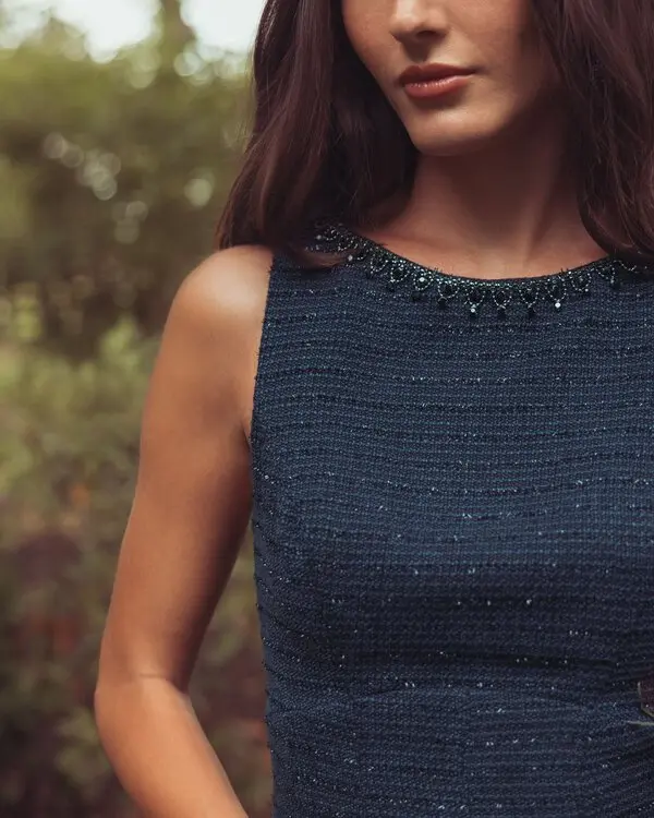 Mac Duggal Navy Sleeveless A-line Boucle Midi Dress