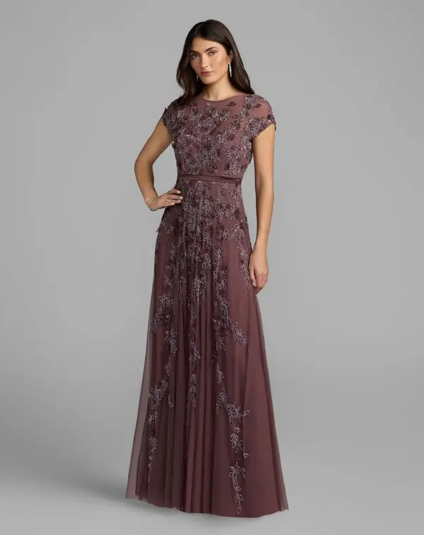 Mac Duggal Floral Embellished Cap Sleeve Gown - Purple