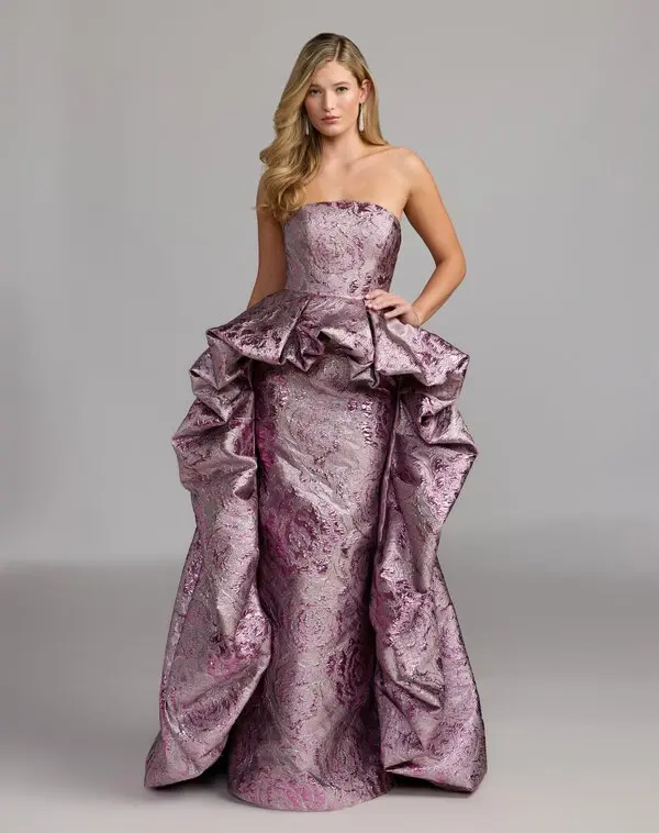Mac Duggal Pink Metallic Strapless Gown With Bubble Overskirt - Rose