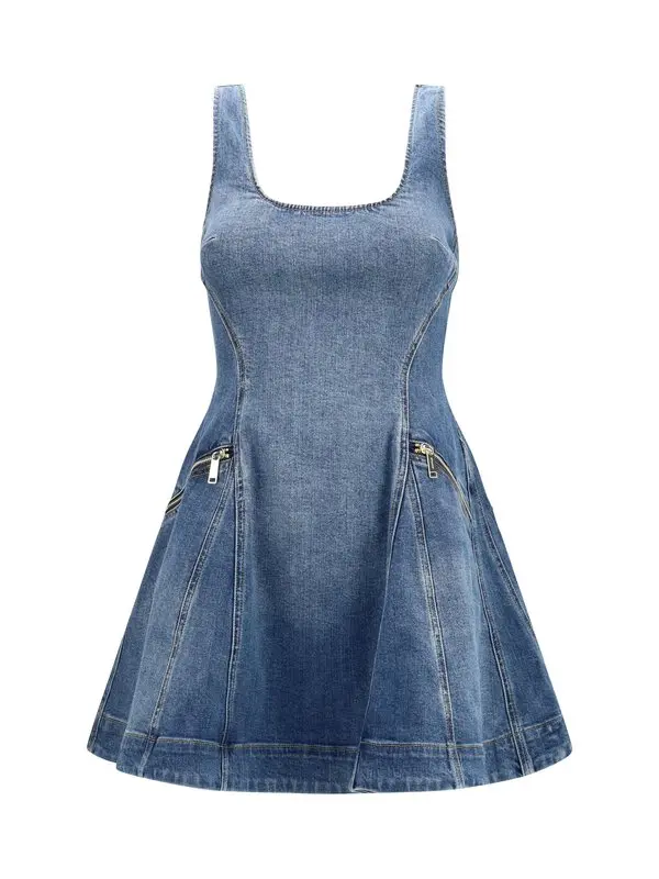 SELF-PORTRAIT Denim Flared Mini Dress