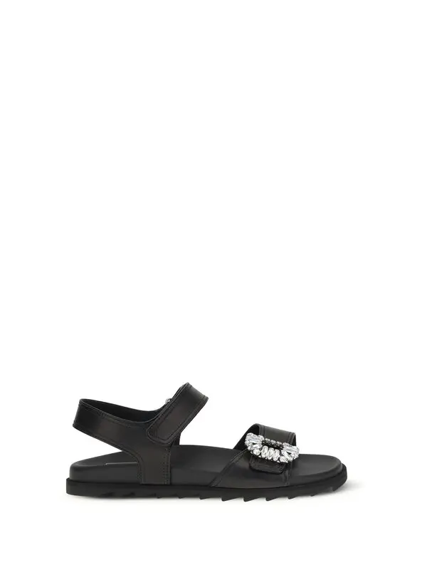 ROGER VIVIER Crystal Buckle Leather Sandals - Black