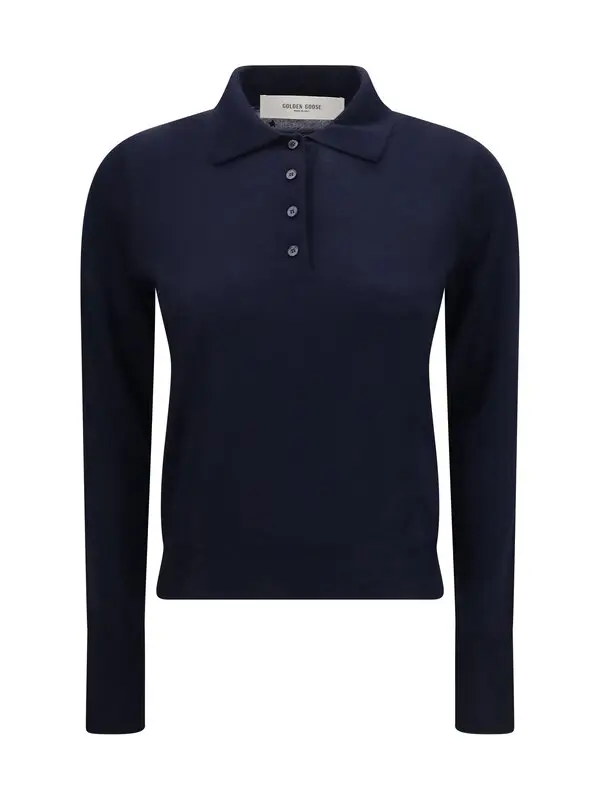 GOLDEN GOOSE Long Sleeve Merino Wool Polo - Blue