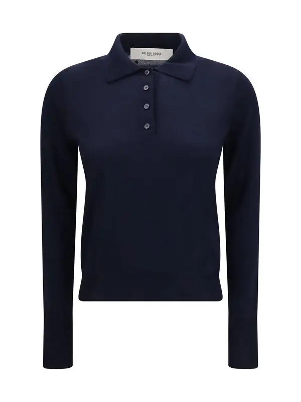 GOLDEN GOOSE Long Sleeve Merino Wool Polo - Blue