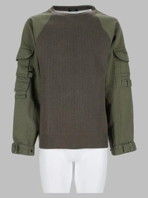 Balmain Ribbed Knit Paneled Cargo Pullover - Brown