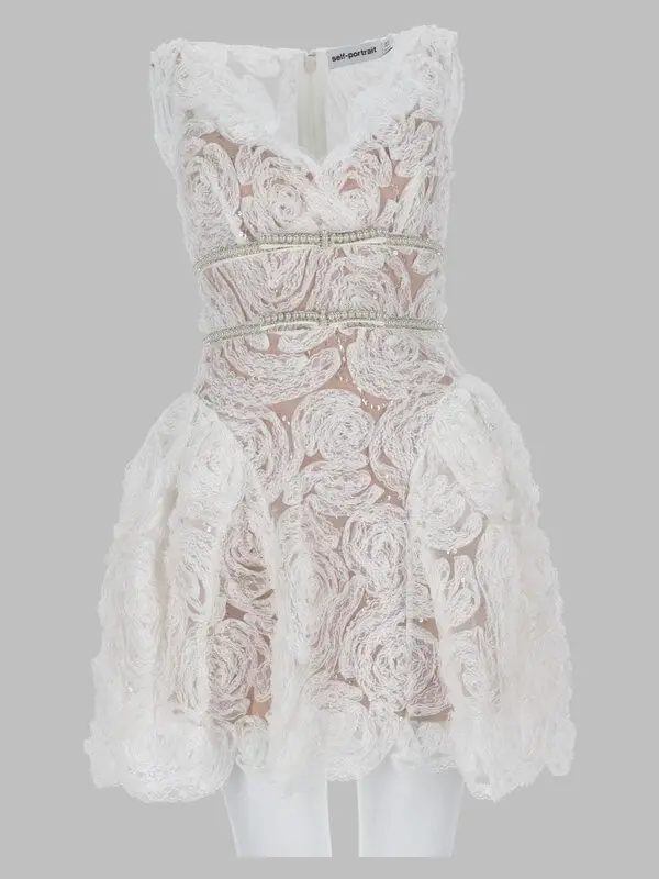 SELF-PORTRAIT Embellished Lace Party Dress - White